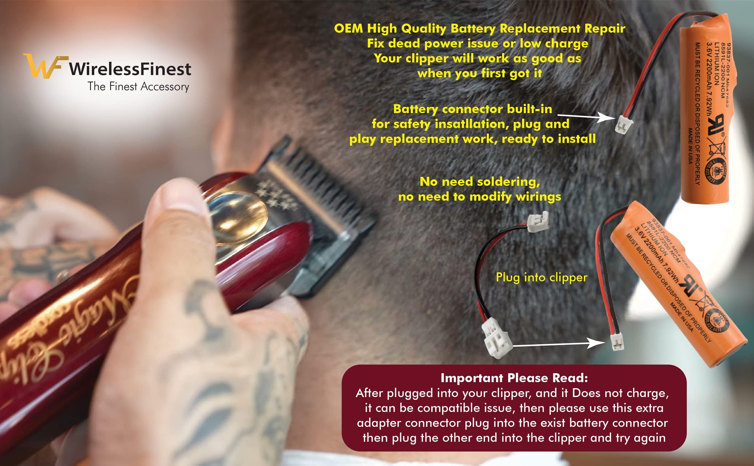 WirelessFinest Battery Replacement for Wahl Magic Clip Clipper Hair Cordless Designer Senior Sterling-4 Beretto Super Taper Part 93837-OO1 + Tool Repair Fix Dead Power Issue