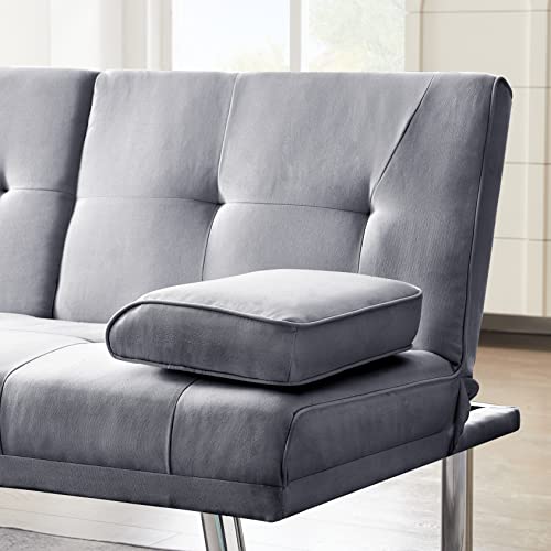 67" Modern Linen Upholstered Futon Sofa Convertible Sleeper Couch Bed Daybed Loveseat,Folding Recliner with 2 Cup Holders,Metal Legs,Removable Soft Pillow-Top Armrest for Living Room Compact Space