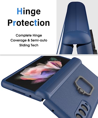ATATOO for Samsung Galaxy Z Fold 3 Case, Z Fold3 Case Built-in Screen Protector & Hinge Protection & Kickstand, Durable Anti-Scratch Full Body Protection Leather Phone Case for Galaxy Z Fold 3,Blue