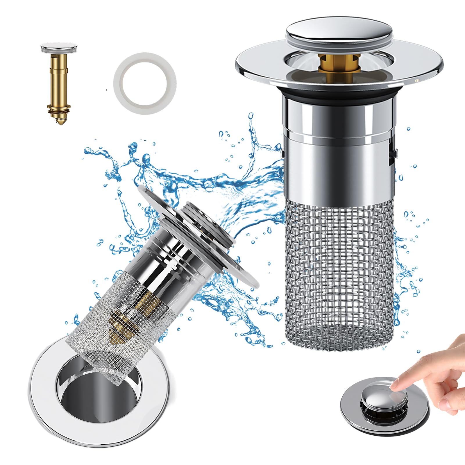 3PCS Bathroom Sink Stopper, Pop-Up Bathroom Sink Drain Strainer with Removable Stainless Steel Hair Catcher Basket, Universal Fit for US Bathroom Sinks,Bathtubs,Showers & Floor Drains Replacement Part
