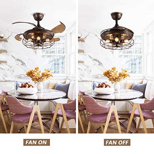36" Industrial Reverse Ceiling Fan with Lights, Siljoy Vintage Rusty Cage Chandelier Fan Retractable Blades Fandelier with Remote Control for Farmhouse Dining Room Bedroom, 5 E26 Bulbs Not Included