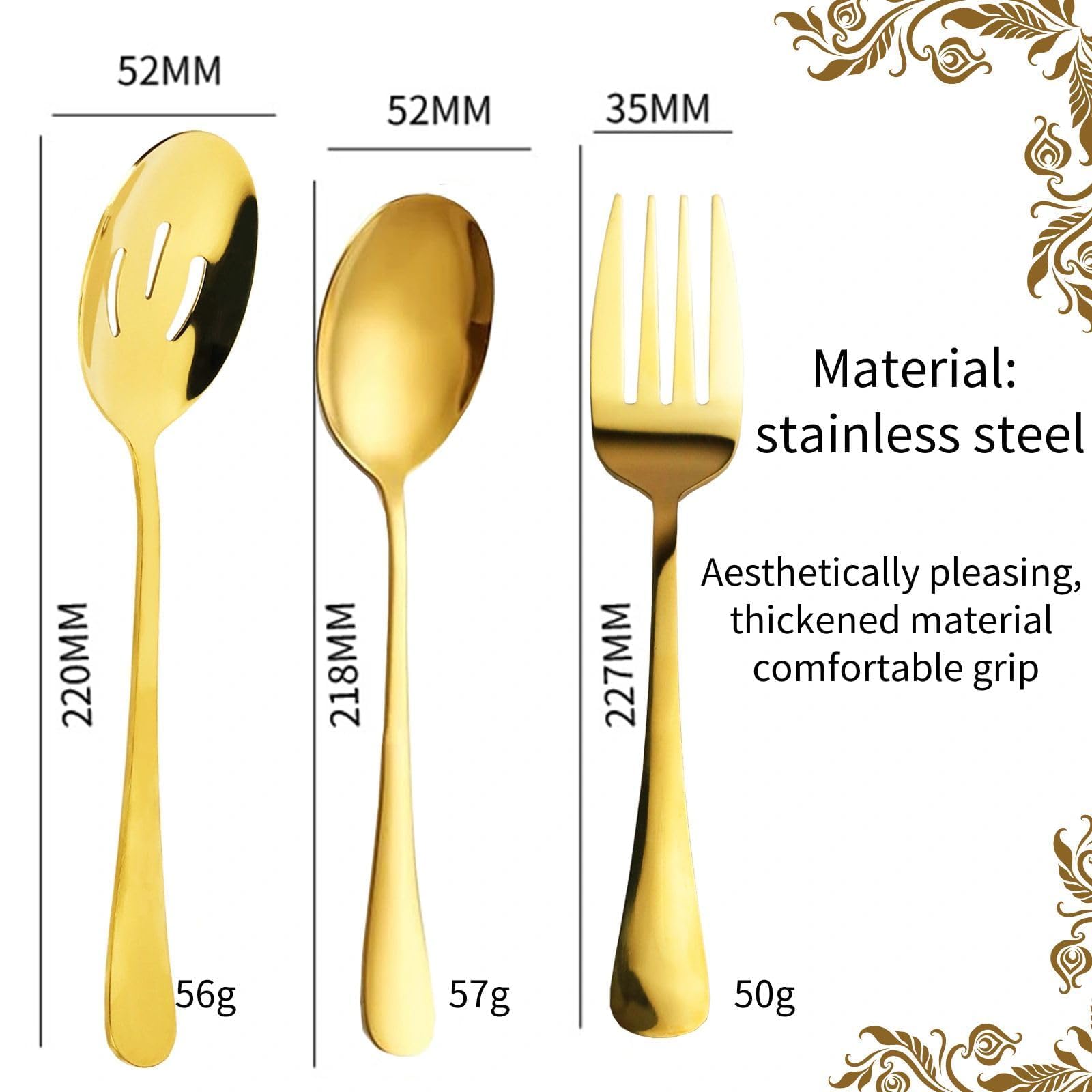 6 Pcs Golden Serving Spoons Set Forks Slotted Stainless Steel Catering Serving Utensils for Kitchen Party Buffet Banquet Cooking