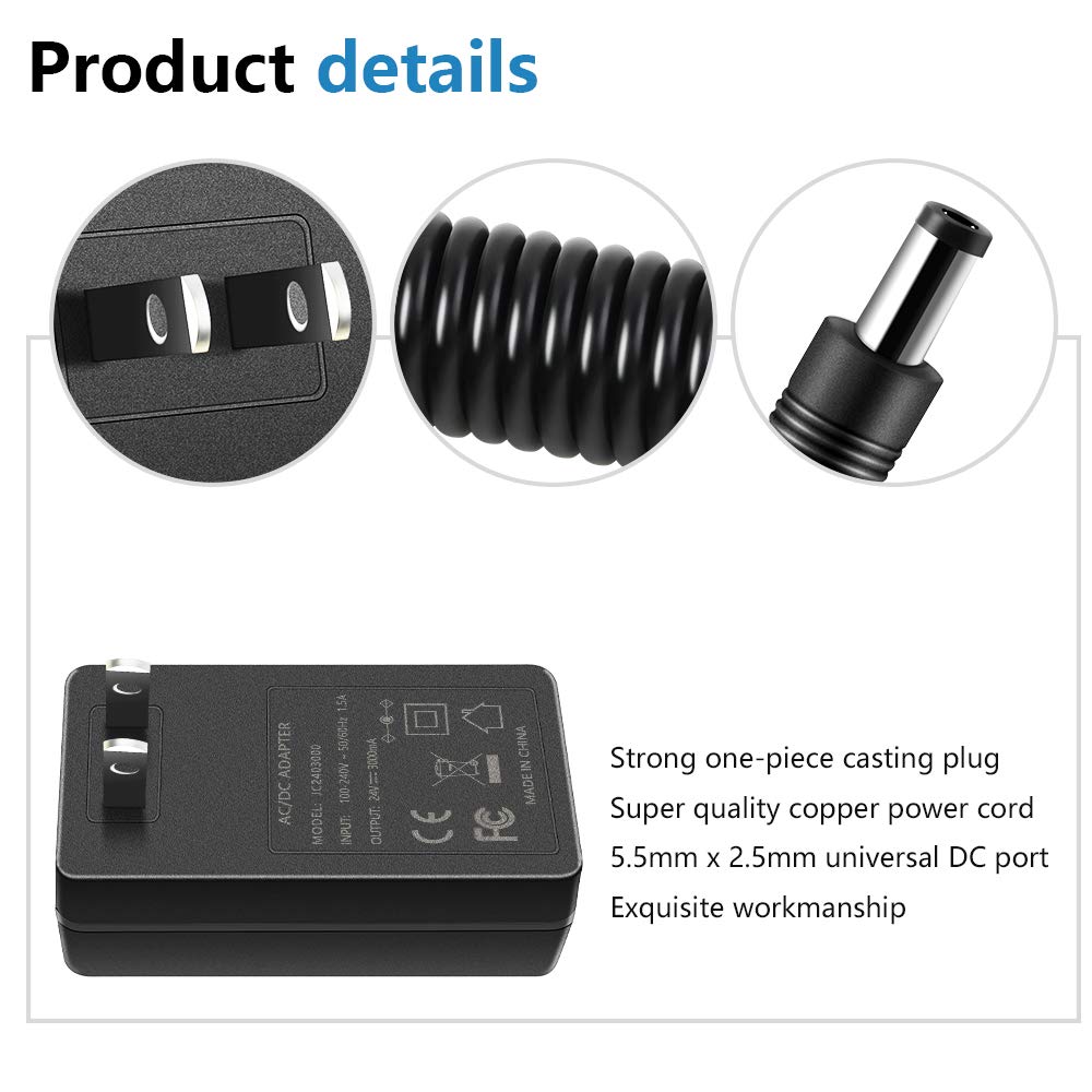 SHNITPWR 24V Power Supply 3A 72W AC/DC Adapter 100V~240V AC to DC 24 Volt 72W 3amp 2.7A 2.5A 2A Converter Transformer with 5.5x2.5mm Plug for LED Lights CCTV Camera LCD Monitor Humidifier DC Motor