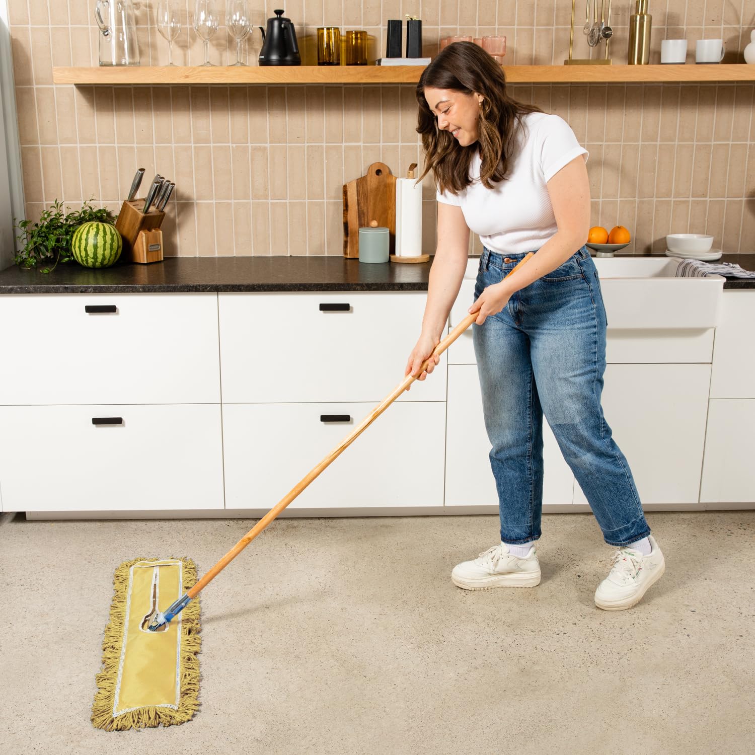 36 Inch Yellow Dust Mop with Wood Handle and 36 Inch Dust Mop Refill Bundle - 1 Mop Set and 4 Refills