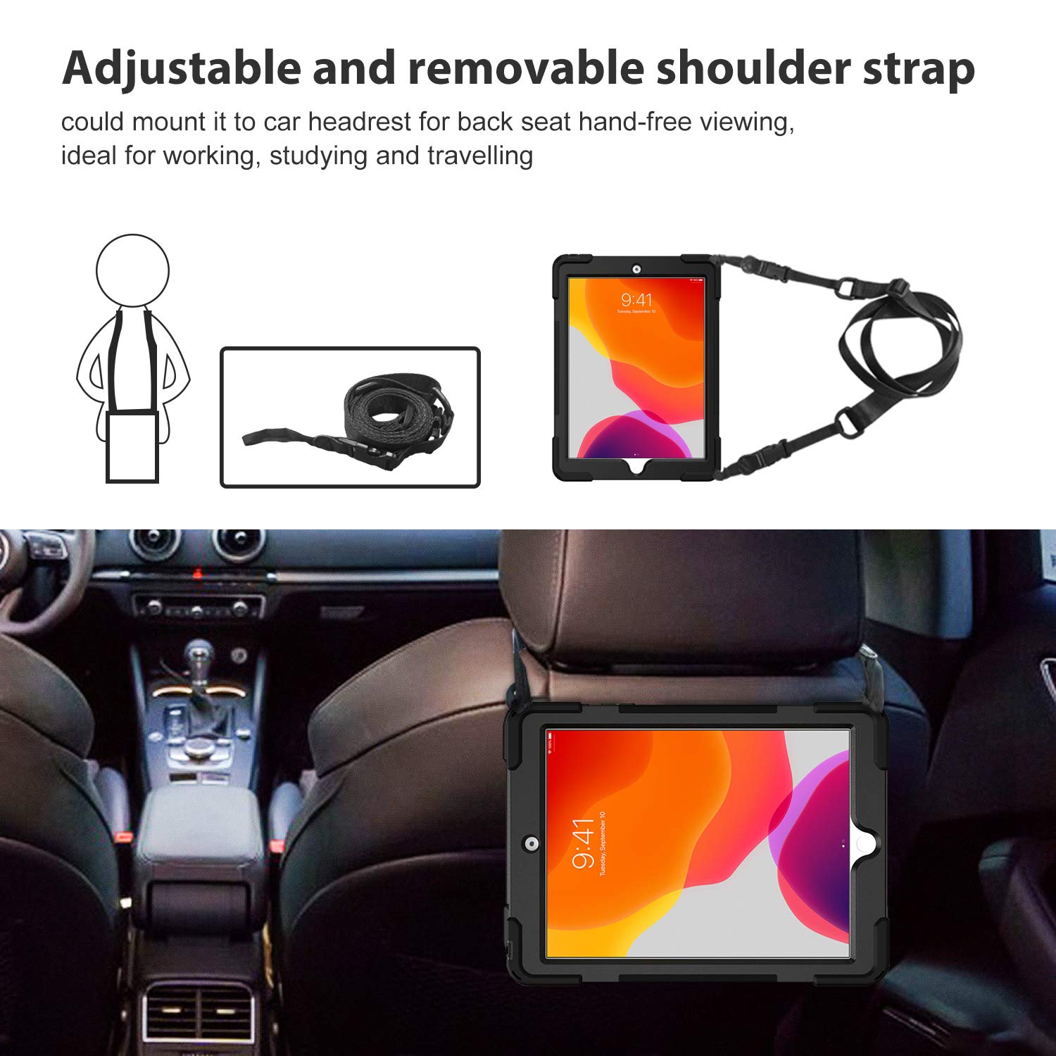 ProCase Rugged Case for iPad 9th/ 8th/ 7th Generation 10.2" (2021/2020/2019), Heavy Duty Shockproof Protective Cover with Strap for iPad 9/8/7 -Black