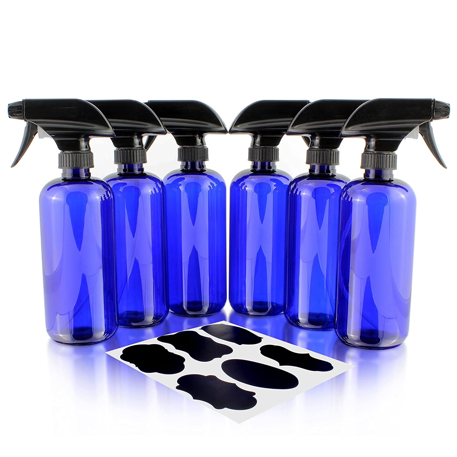 Cornucopia Brands 16oz Cobalt Blue PLASTIC Spray Bottles w/Heavy Duty Mist & Stream Sprayers and Chalkboard Labels (6-pack); PET #1 BPA-free, Use for DIY, Kitchen, Hair