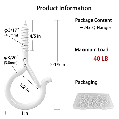 BEHENO 20 PCS Black Screw Hooks and 24 PCS White Screw Hooks, Safety Buckle Design, Easy Release
