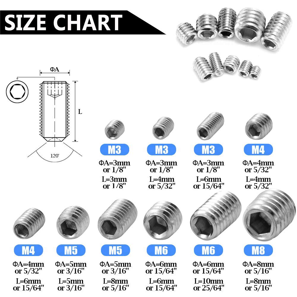 Yakamoz 200Pcs M3 M4 M5 M6 M8 Hex Allen Head Socket Grub Screw Set Stainless Steel Cup Point Metric Screws Assortment Fasteners Kits