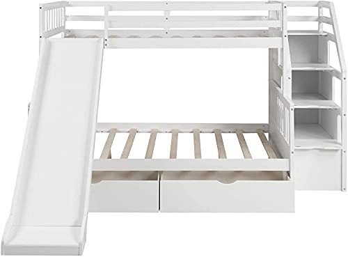 ATH-S Twin Over Full Bunk Bed with Slide, Twin Over Full Bunk Bed with Storage Drawers and Stairscase, Wood Bunk Bed Frame with Guardrails for Kids Boys Girls Teens Adults, No Box Spring Needed, White