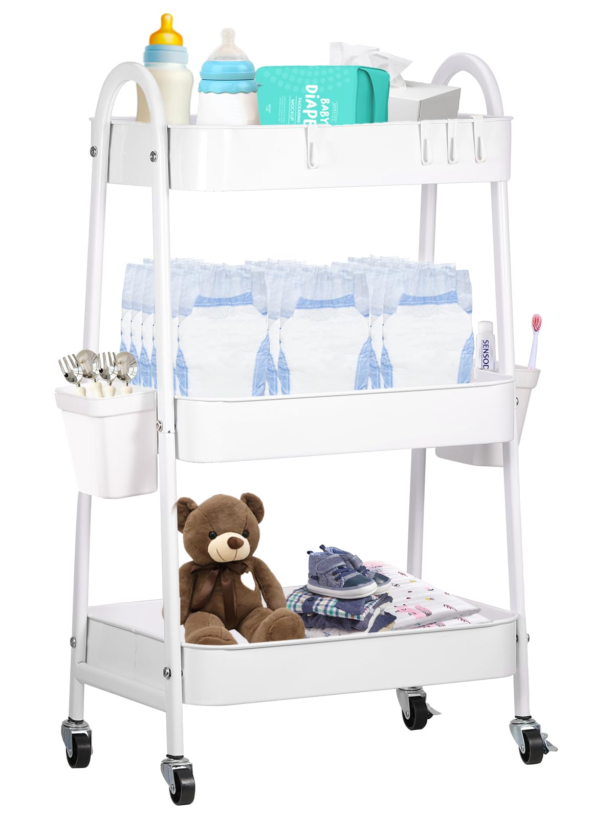 3-Tier Utility Rolling Cart Utility Cart with Wheels Baby Diaper Caddy Cart Metal Nursery Storage Organizer Organizer for Baby Diapers Essentials Storage Cart for Living Room Kitchen Office Bathroom