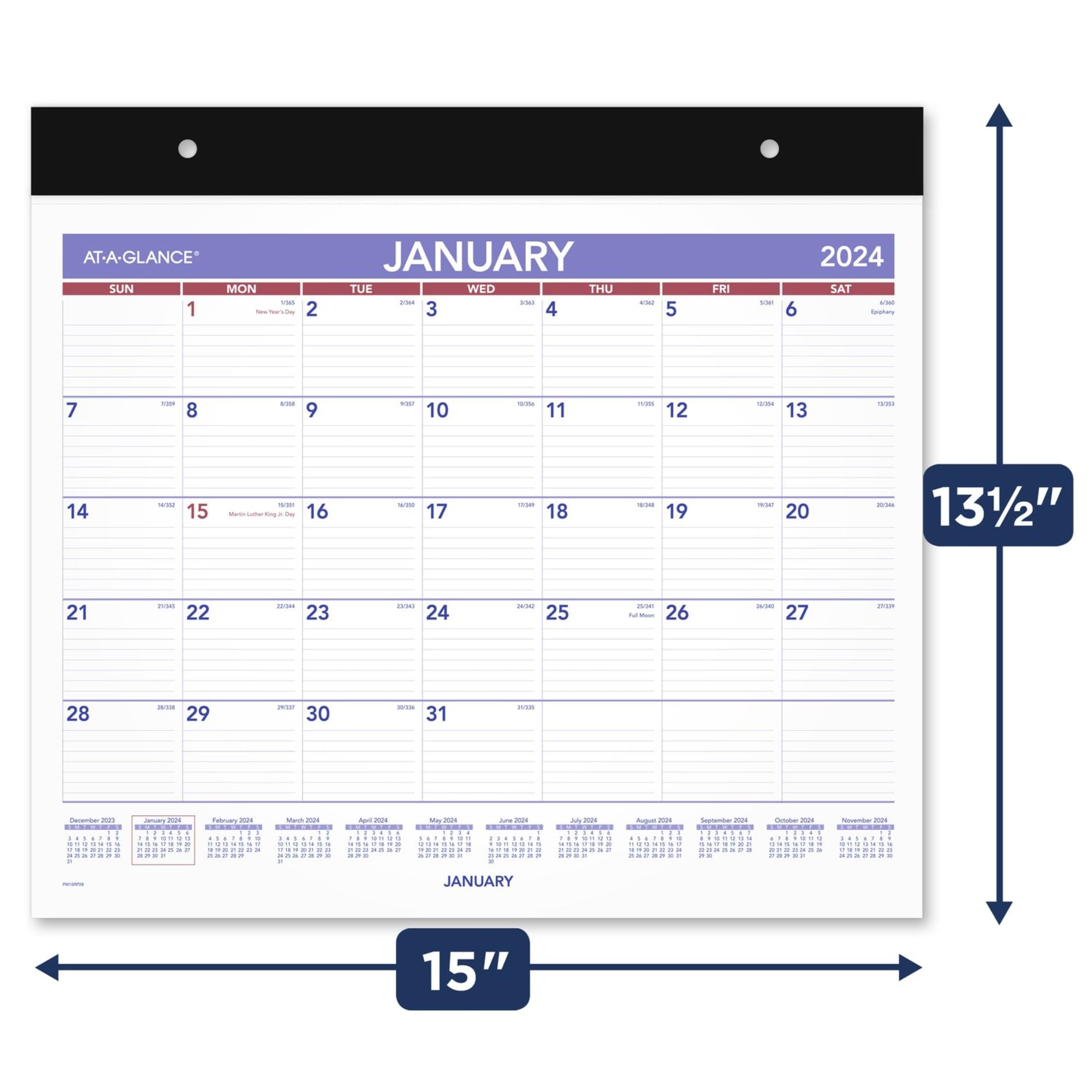 2024 AT-A-GLANCEĀ® Repositionable Horizontal Wall Calendar With Adhesive Backing, 15" x 12", January To December 2024, PM15RP28