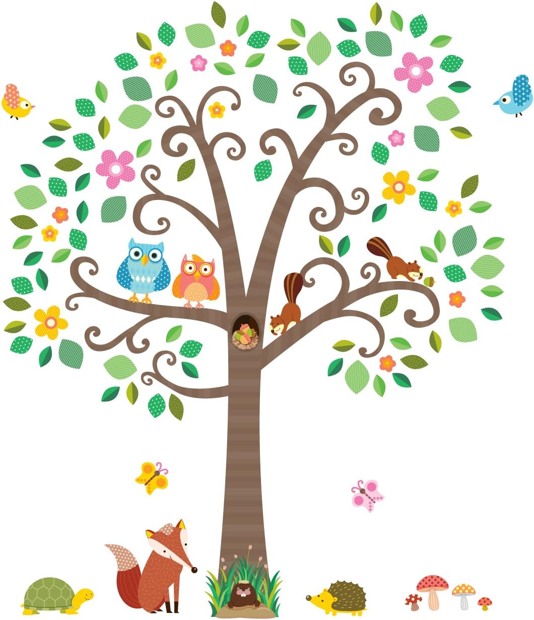 DECOWALL SG-2106 Large Scroll Tree and Animals Kids Wall Stickers Wall Decals Peel and Stick Removable Wall Stickers for Kids Nursery Bedroom Living Room d?cor