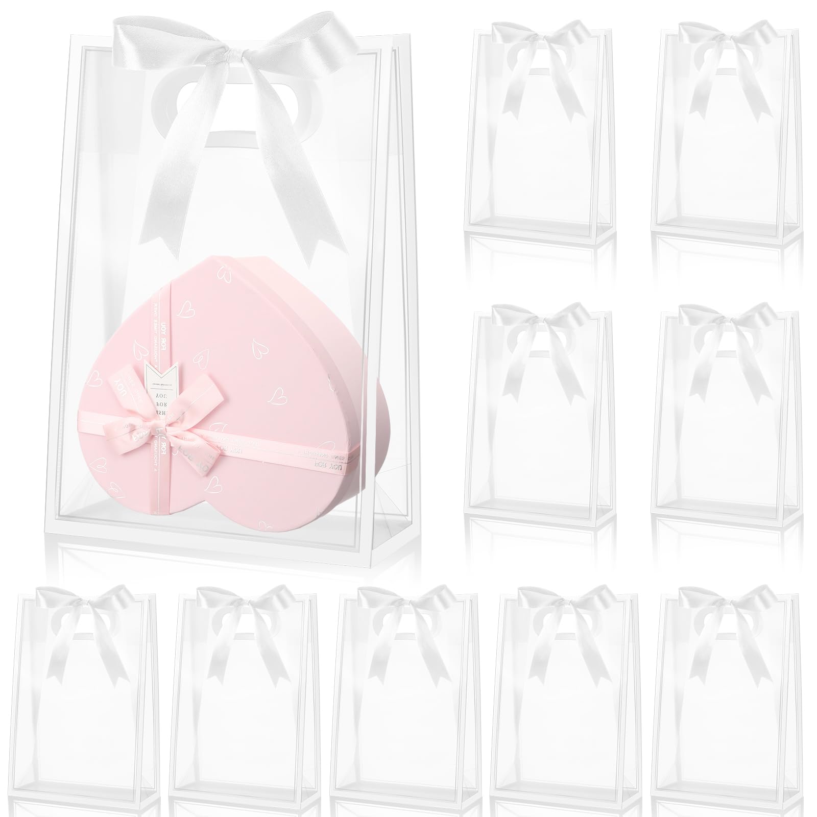 Aliceset 12 Pcs Clear Plastic Gift Bag with Die Cut Handles Reusable PP Favor Bag with Ribbon for Wedding Bridal Christmas Birthday Party Baby Shower Shopping Business, 7x10x3.15 Inch(White)