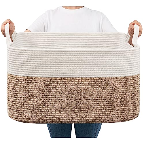 Goodpick Large Blanket Basket, Woven Basket for Storage Rectangle Dirty Clothes Basket for Laundry, Living Room, Nursery, Bedroom Rope Storage Basket for Blankets, Toys, 21.6" x 14.9" x 11.8", 65L