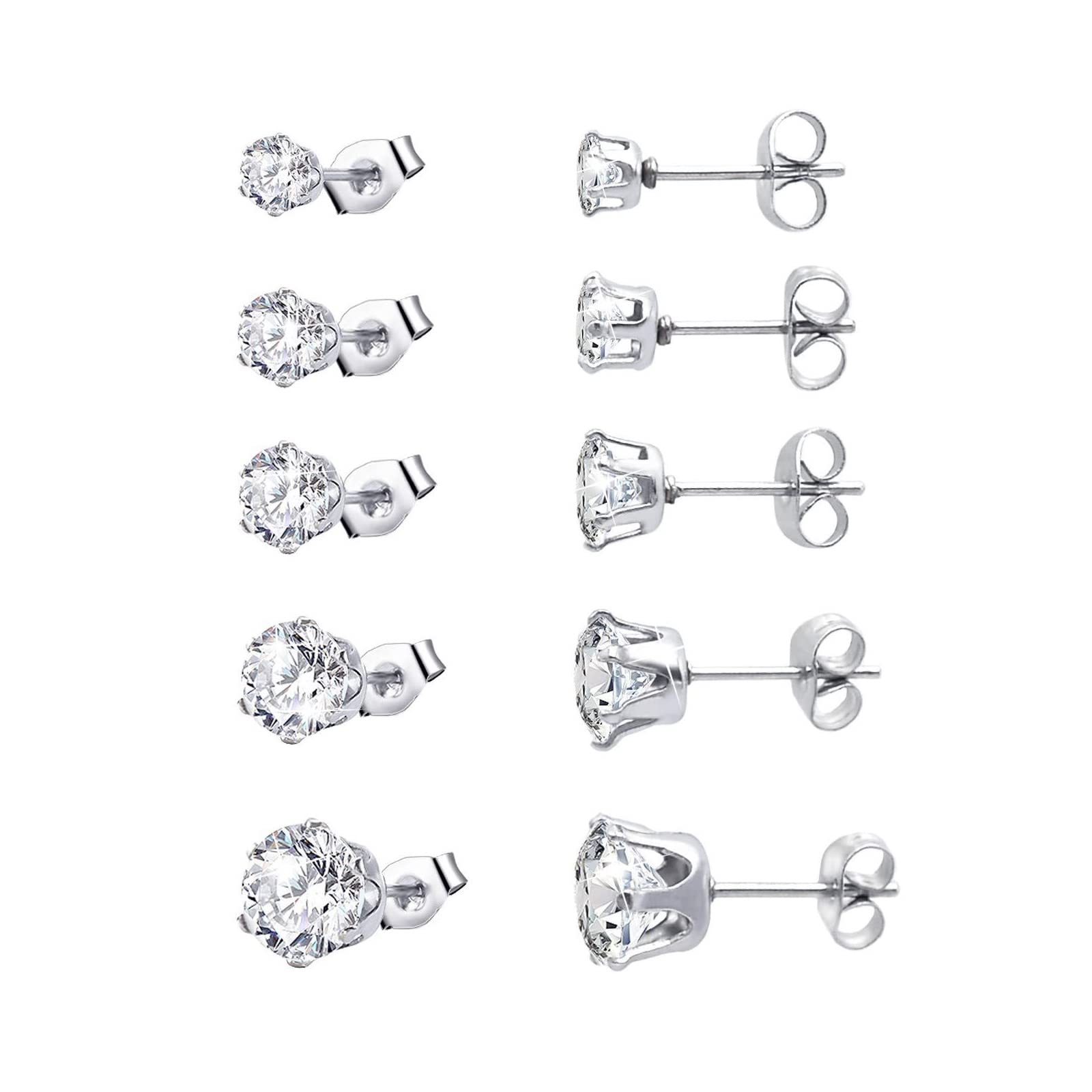 5 Pairs Stud Earrings Set for Women Gold Silver Diamond Earrings Hypoallergenic Cubic Zirconia Earrings Studs Clear CZ Earings 4-8mm Post