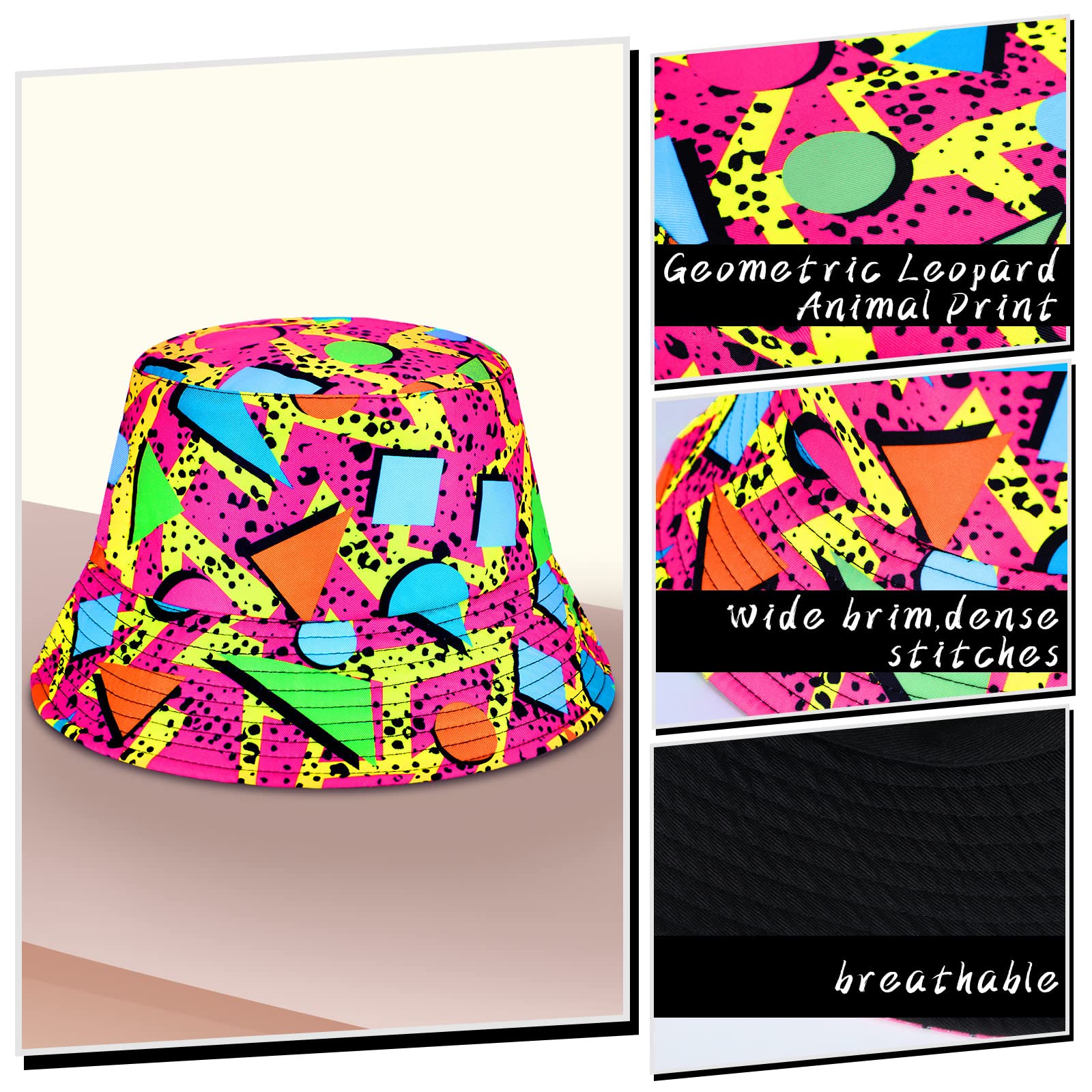2 Pack Retro 80s 90s Bucket Hat for Women Men Vintage Print Fisherman Neon Nylon Hat Reversible Packable Travel Cap (Fresh Style)
