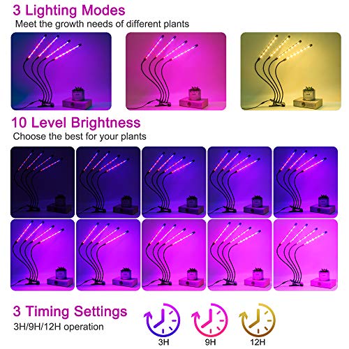 LEOTER Grow Light for Indoor Plants - Upgraded Version 80 LED Lamps with Full Spectrum & Red Blue Spectrum, 3/9/12H Timer, 10 Dimmable Level, Adjustable Gooseneck,3 Switch Modes