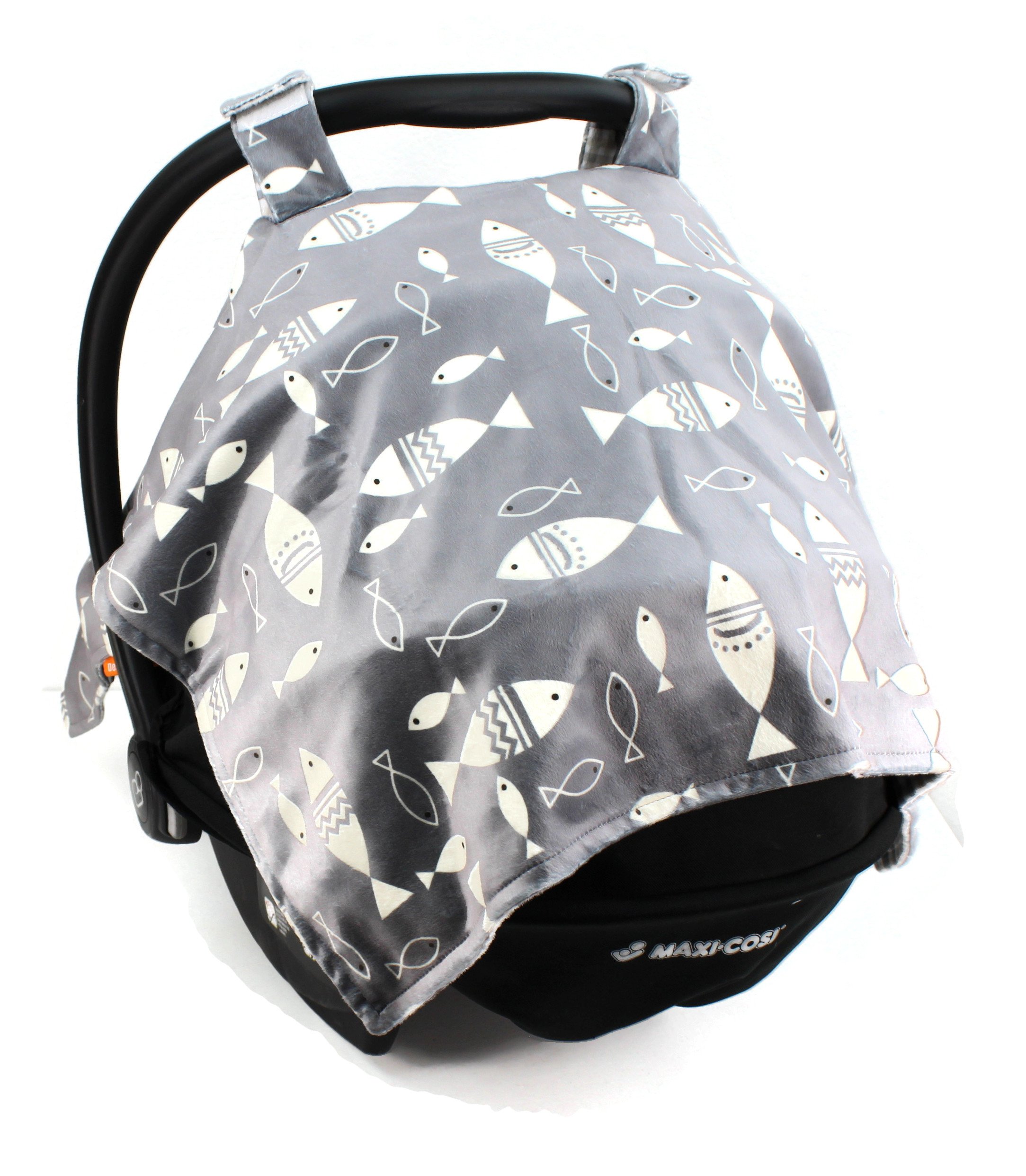 Dear Baby Gear Deluxe Reversible Car Seat Canopy, Custom Minky Print, Fish on Grey/Grey Tan Plaid