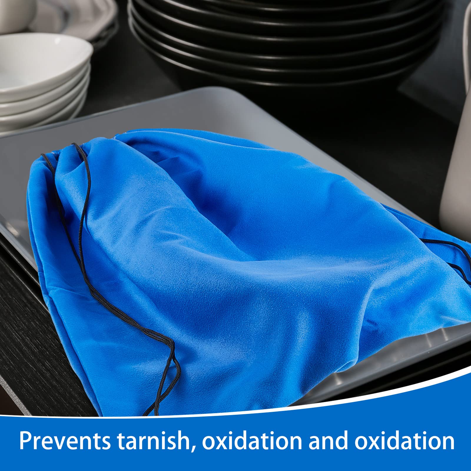 4 Pcs Anti Tarnish Storage Bag with 2 Pcs Silver Polishing Cloth 18 x 18 Inch Fabric Cloth Bags Blue Anti Tarnish Jewelry Storage Bags Silverware Bags for Silverware Silverplate Flatware Silver Trays