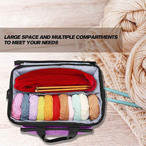 Knitting Bag, Yarn Tote Storage Organizer with Separate Crochet Hooks & Knitting Needles Bag,Slits on Top to Protect Wool and Prevent Tangling Large Purple
