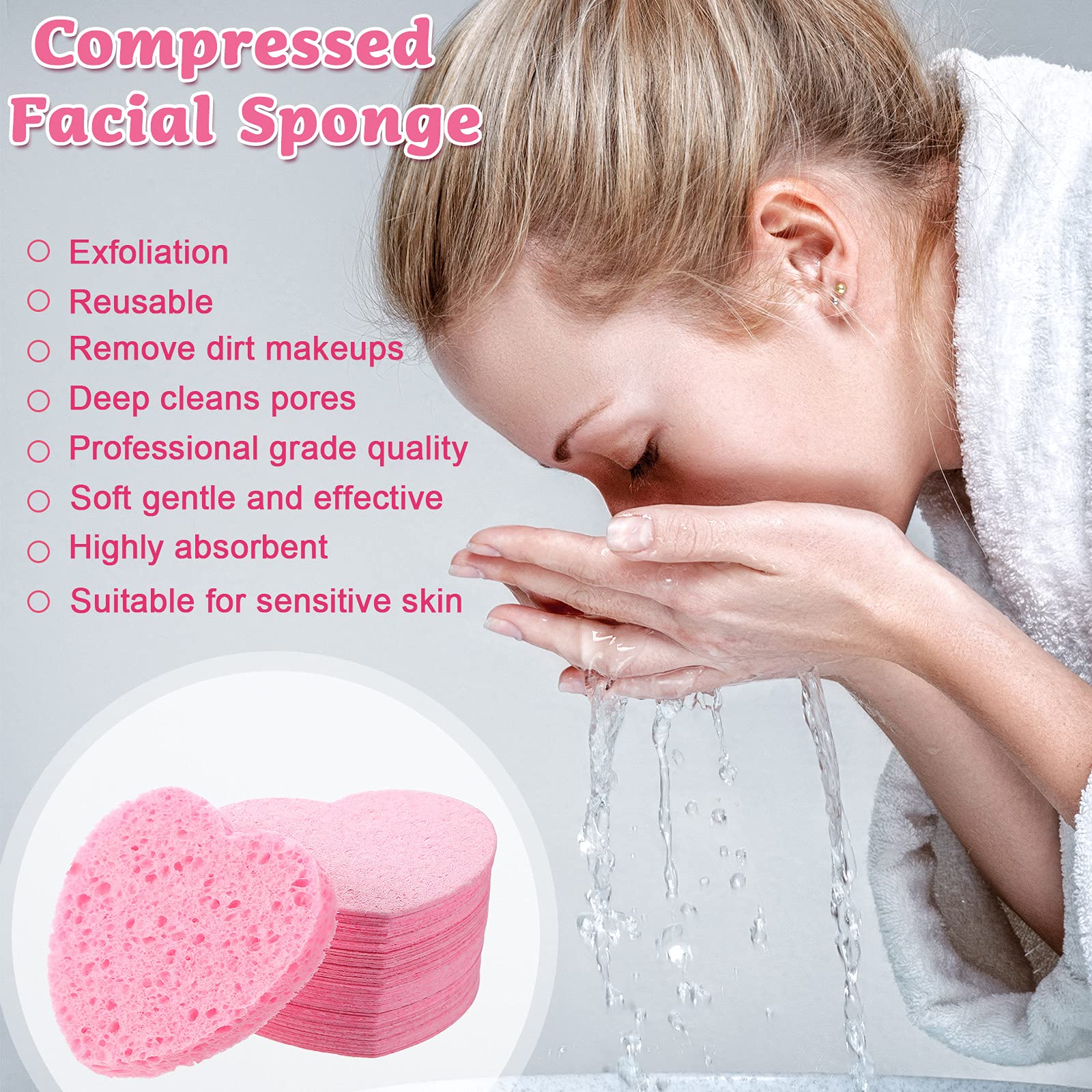 Patelai 50 Count Heart Compressed Facial Sponges Valentine's Day Pink Pads for Face Cleansing Exfoliating Makeup Remover Skincare Travel Home
