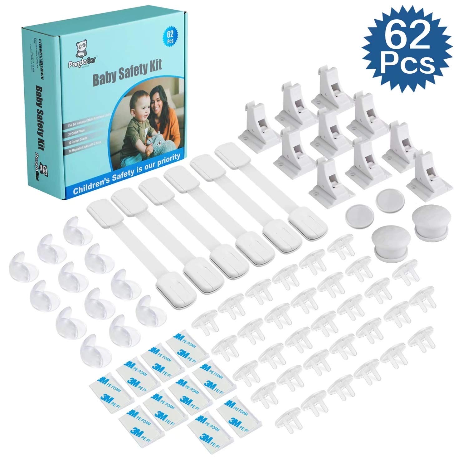 PandaEar Baby Child Safety Proofing Kit 62 Pcs Set, 6 Adjustable Adhesive Cabinet Straps, 12 Clear Corner Protectors Guards, 32 Outlet Plug Covers, 10 Magnetic Cabinet Locks with 2 Keys, No Drill Req
