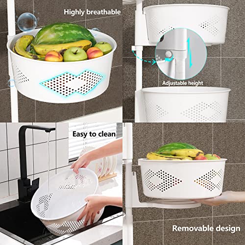 Kaibrite Rotating Kitchen Storage Rack, Multi-Layer Revolving Basket Kitchen Shelf with Wheels, for Kitchen, Bathroom, Laundry Room, Garage, White (5-Layer)