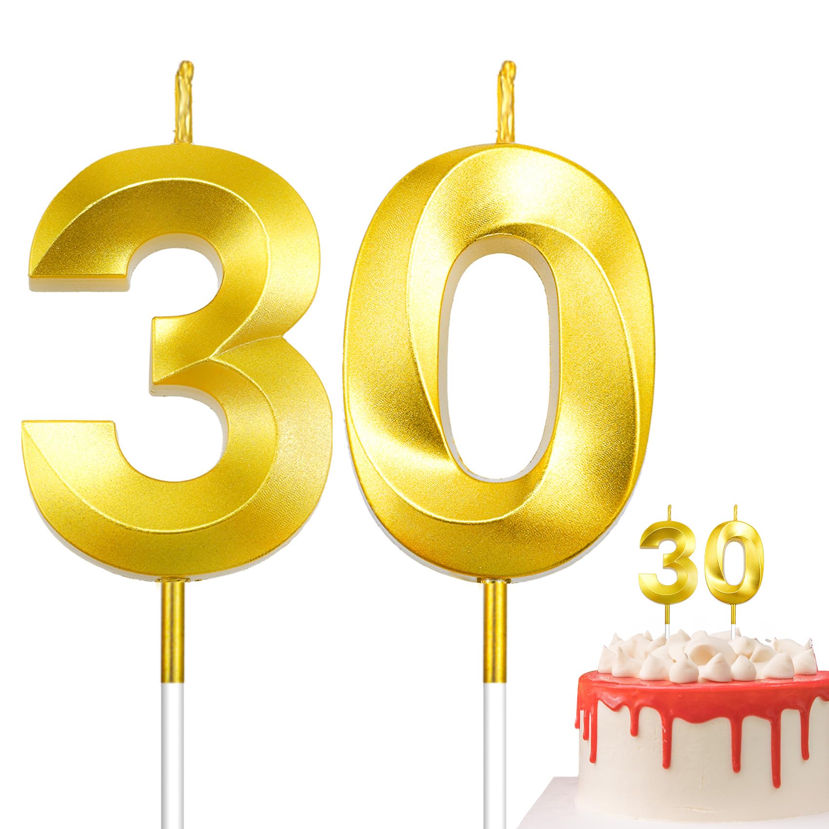 30th Birthday Candles, Number 30 Candles, Gold Birthday Candles, Happy Birthday Candles for Cake, 30th Birthday Cake Topper Decorations for 30th 3 Year Old Birthday Wedding Anniversary Supplies