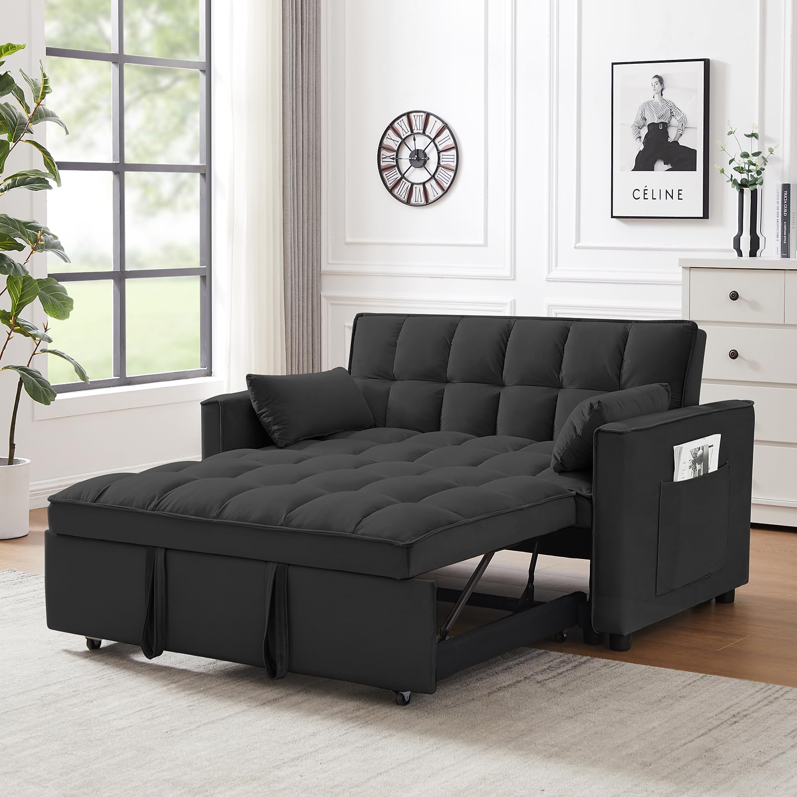 Luoyisimall Convertible Sleeper Sofa Bed,Multi Function 3 in 1 Futon Upholstered Couch w/Toss Pillows, Storage Pockets and Pull Out Bed for Living Room,Bedroom,Small Space(Velvet Black)