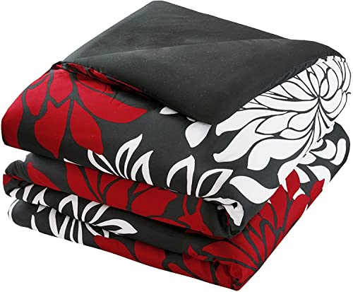 Comfort Spaces Enya Comforter Set-Modern Floral Design All Season Down Alternative Bedding, Matching Shams, Bedskirt, Decorative Pillows, Queen(90"x90"), Red/Black