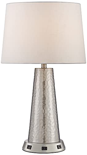 360 Lighting Modern Table Lamp with USB and AC Power Outlet Workstation Charging Base 25.75" High Silver Leaf Hammered Metal Off White Fabric Drum Shade for Living Room Bedroom Bedside