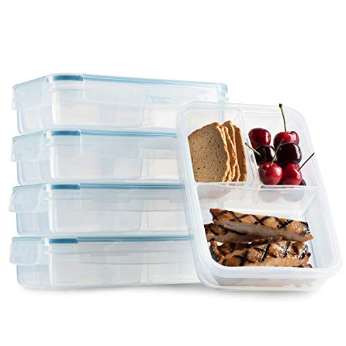 Komax Biokips Set of 5 Lunch Containers β 3 Compartment Food Container for Meal Prep, Portion Control β Microwave & Dishwasher Safe Bento Box Adult Lunch Container w/Locking Lid (37 oz)