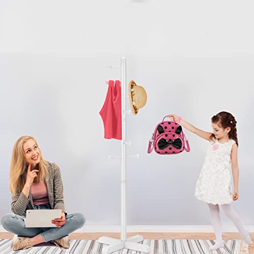 Azaeahom Cross Coat Rack Freestanding Clothing Hanger Home Racks, Wooden Coat Tree Stand with 8 Hooks 2 Adjustable Height, Easy Assembly in Entryway, Room for Hat, Umbrella etc (White)