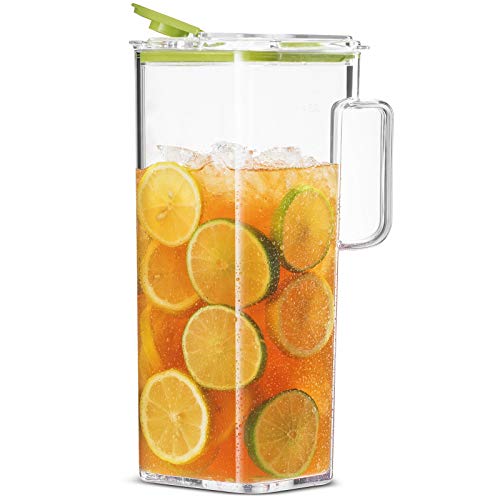 Komax Large Plastic Water Pitcher with Lid Square Water Carafe with Lids β BPA-Free, Dishwasher Safe Plastic Pitcher β Water, Tea, or Juice Containers with Lids for Fridge (2.3 Liters)