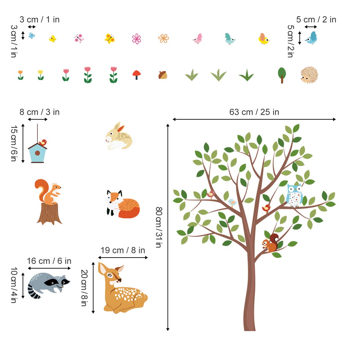decalmile Forest Animals Tree Wall Decals Deer Squirrel Owl Wall Stickers Baby Nursery Kids Bedroom Playroom Wall Decor(Tree H: 31"))