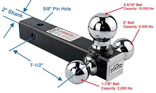 TOPTOW 64173HP Trailer Hitch Tri Ball Mount with 5/8 inch Hitch Pin, Chrome Balls, Fits for 2 inch Hitch Receivers, Hollow Shank…