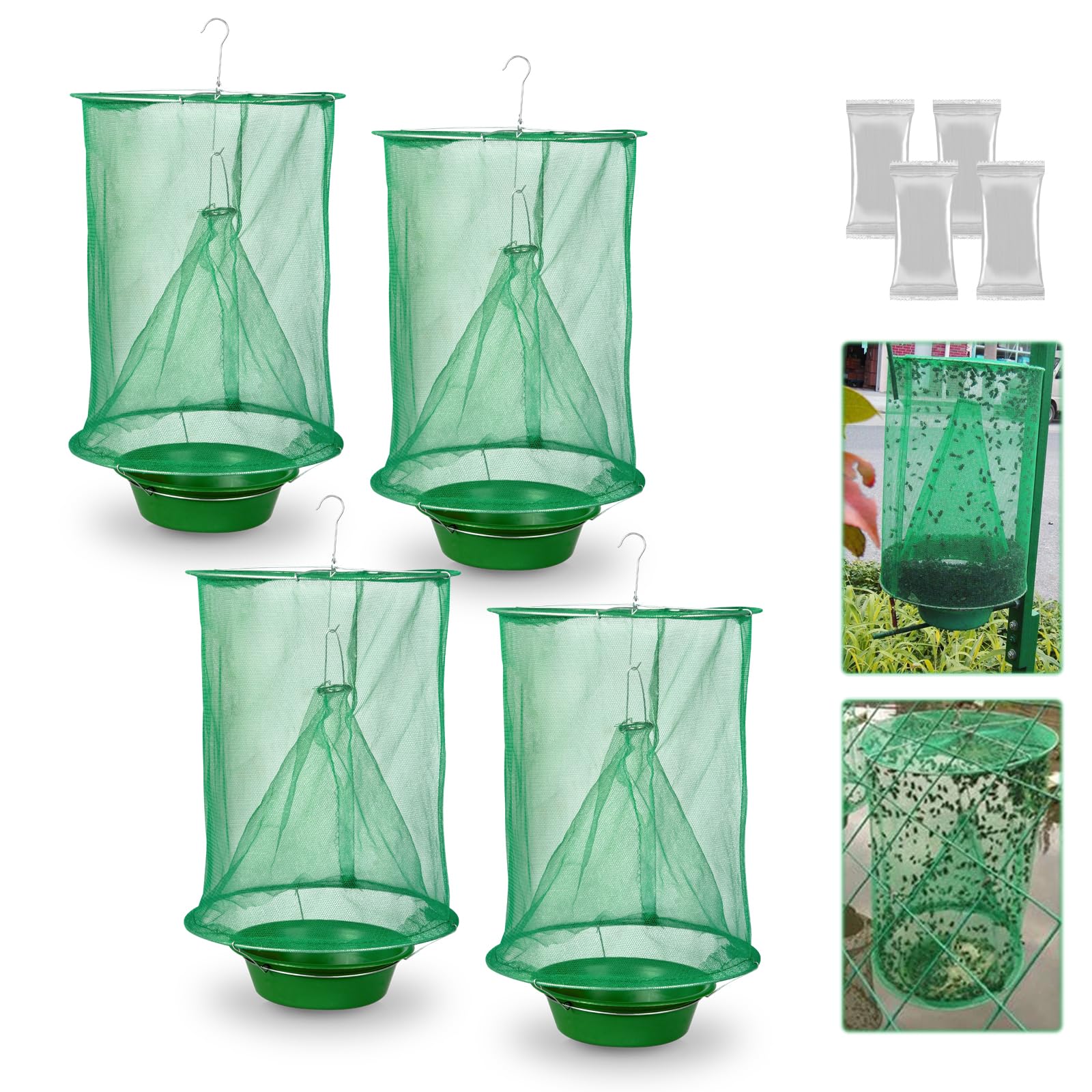 4 Pack Ranch Fly Traps, Hanging Stable Fly Trap, Disposable Fly Killer Cage, Fly Catcher Bag with Bait Tray, Fly Repellent for Outdoor and Indoor, Farms
