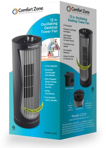 Comfort Zone CZ112 12β 2-Speed Oscillating Tower Fan with High Performance Centrifugal Blades, Convenient Built-in Carry Handle, and Space Saving Design, Black