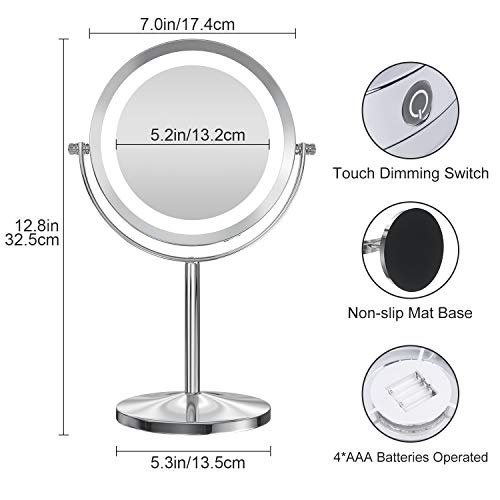 Gospire LED Makeup Mirror 1x/10x Magnifying with Touch Screen Adjustable LED Light, 7" Lighted Vanity Swivel Mirror Double Sided Cosmetic Mirror (Silver-Dimmable Switch)