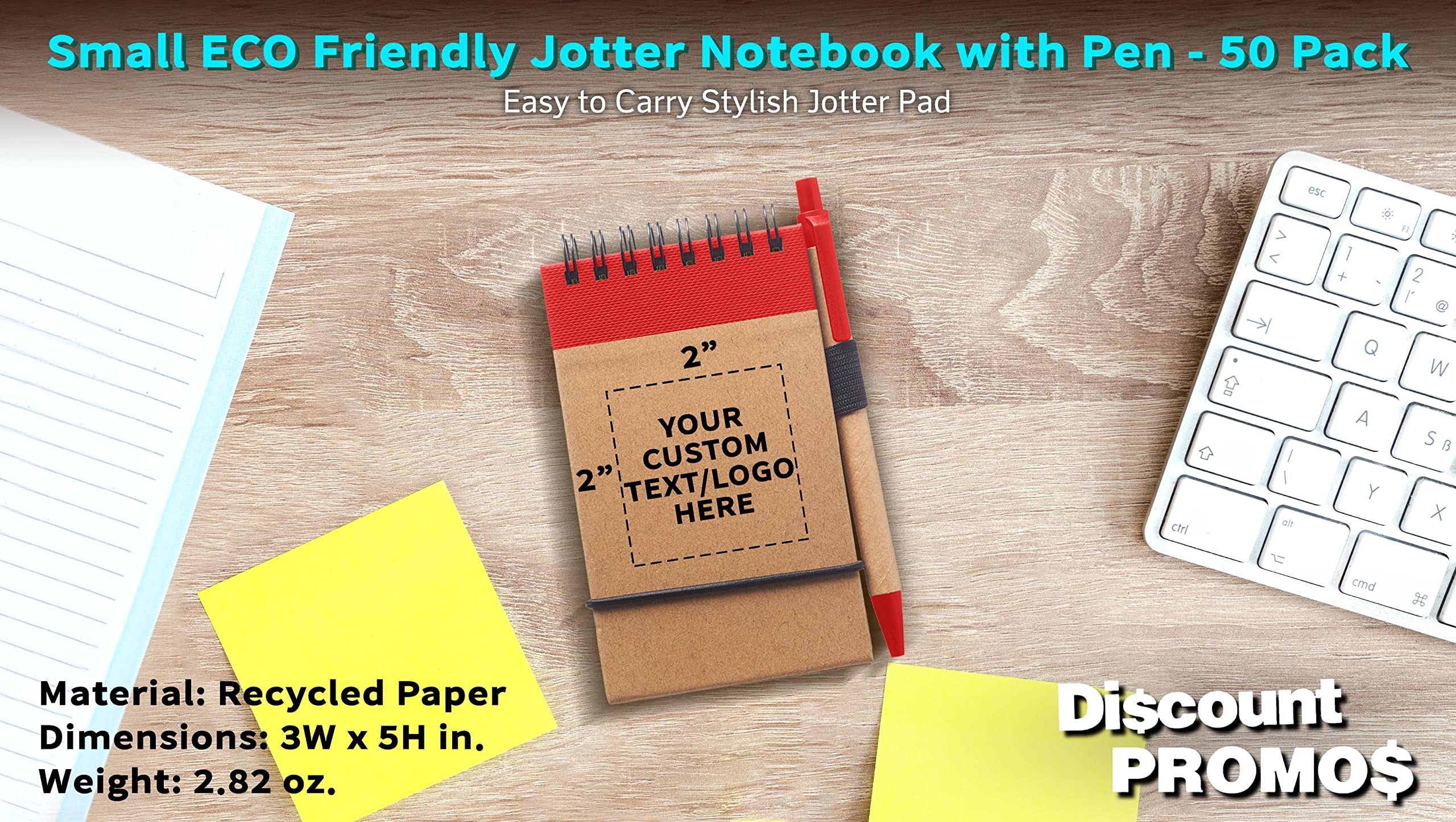 DISCOUNT PROMOS 50 ECO Jotters with Pen Set - Customizable Text, Logo - Recycled Paper, 3 x 5 inches, Minimalist, Handy - Red