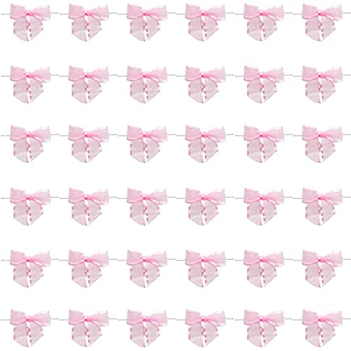 Pink Organza Bow Twist Ties for Favors and Treat Bags (1.5 Inches, 36 Pack)
