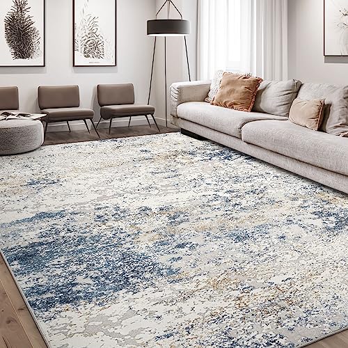 Area Rug Living Room Rugs - 5x7 Abstract Large Soft Indoor Washable Rug Neutral Modern Low Pile Carpet for Bedroom Dining Room Farmhouse Home Office - Beige Blue
