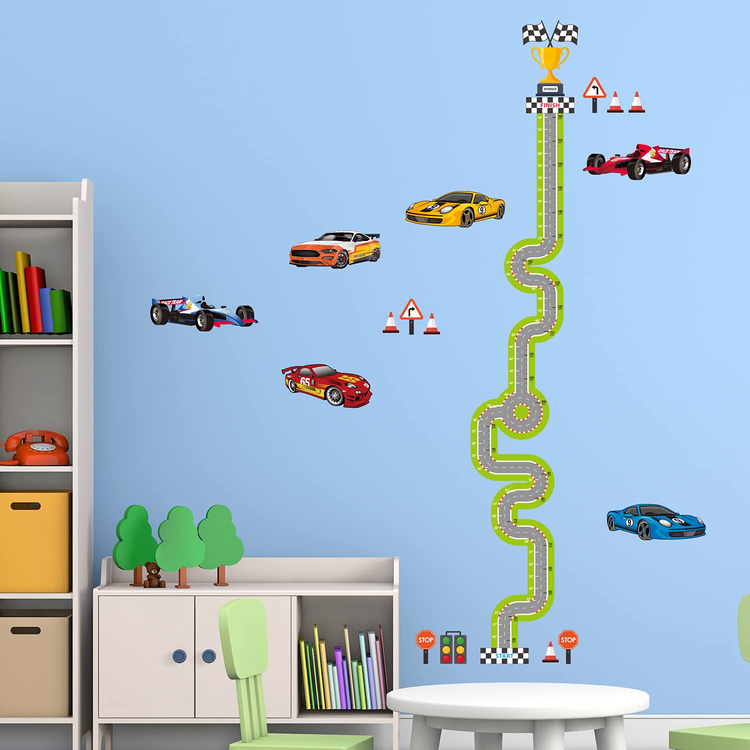 DECOWALL DA-1911 Racing Track Height Growth Chart Kids Wall Stickers Wall Decals Peel and Stick Removable Wall Stickers for Kids Nursery Bedroom Living Room d?cor