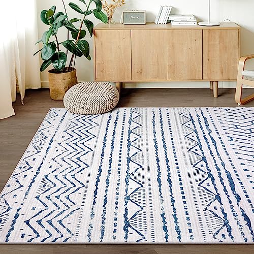 Area Rug Living Room Rugs - 9x12 Machine Washable Moroccan Geometric Neutral Soft Low Pile Stain Resistant Large Thin Rug Floor Carpet for Bedroom Under Dining Table Home Office - Navy Blue