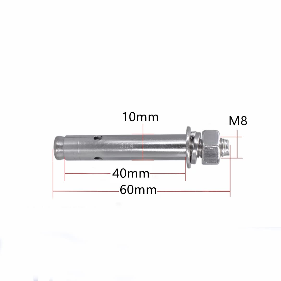 M8 x 60 mm External Hex Expansion Bolts Screws Sleeve Anchors, Stainless Steel, 10Pcs