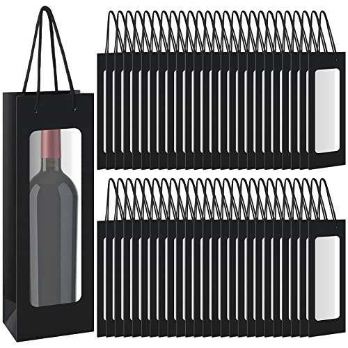 50 Pcs Wine Gift Bag with Window 4.9" x 3.6" x 14.2" Kraft Paper Wine Bags with Windows Kraft Paper Flower Wrapping Bag Transparent Window Bags for Valentine's Day Birthday Wedding Party Gift (Black)