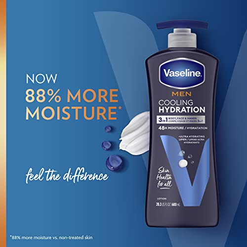 Vaseline Men Cooling Hydration 3-in-1 Face, Hands & Body Lotion for Men for Dry Skin with Menthol & Ultra-Hydrating Lipids 20.3 oz, Pack of 4