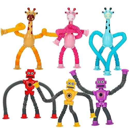 6 Pcs Telescopic Suction Cup Robot Toy Sensory Toys, Giraffe Telescopic Tube Shape Changing Telescopic Pop Tubes Decompress Educational Toys for Girls Boys