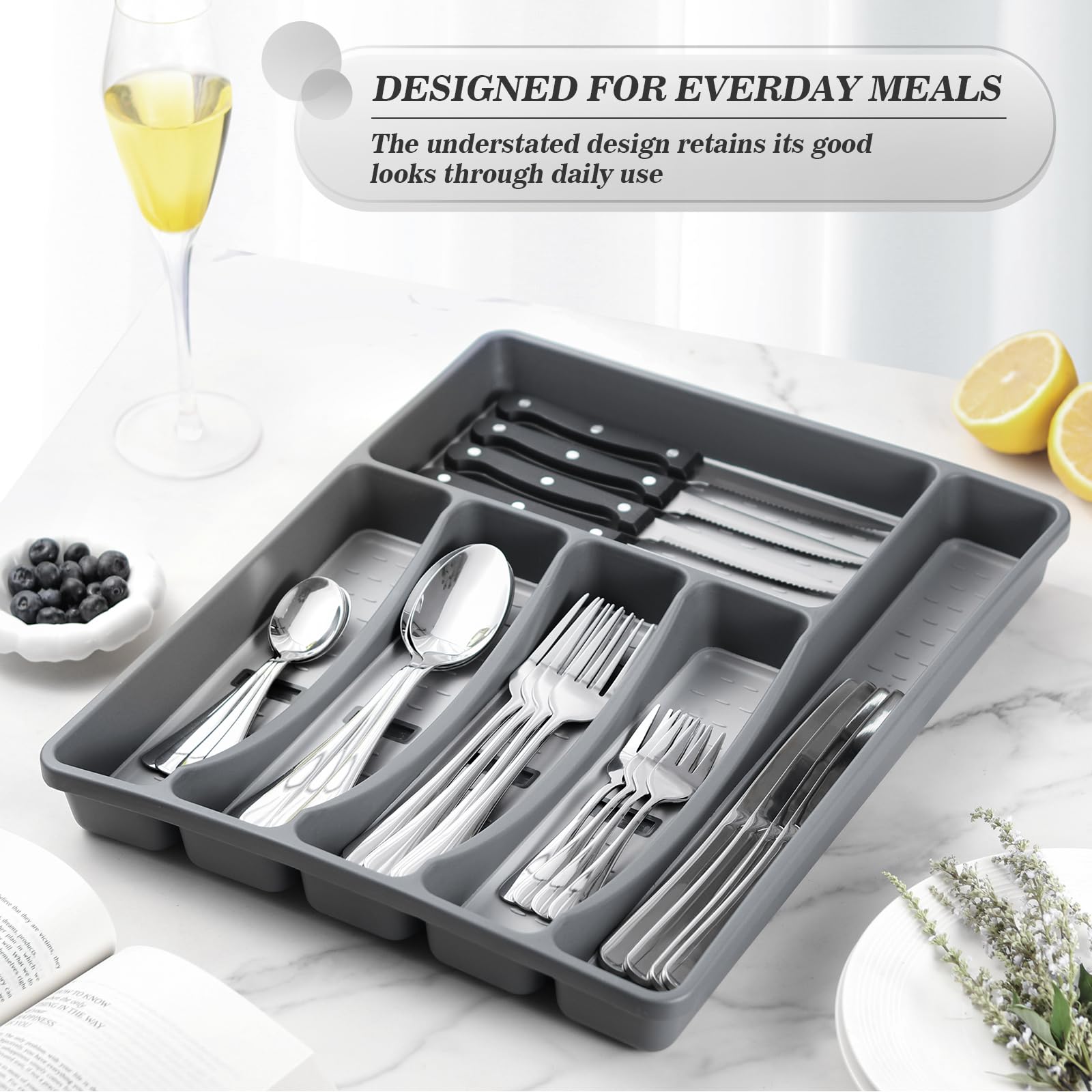 24-Piece Silverware Set with Organizer,Heavy Duty Stainless Steel Flatware Cutlery Tableware Set for 4,Includes 6-Compartment Silverware Tray with Cutlery Icons,Silverware Set with Steak Knives