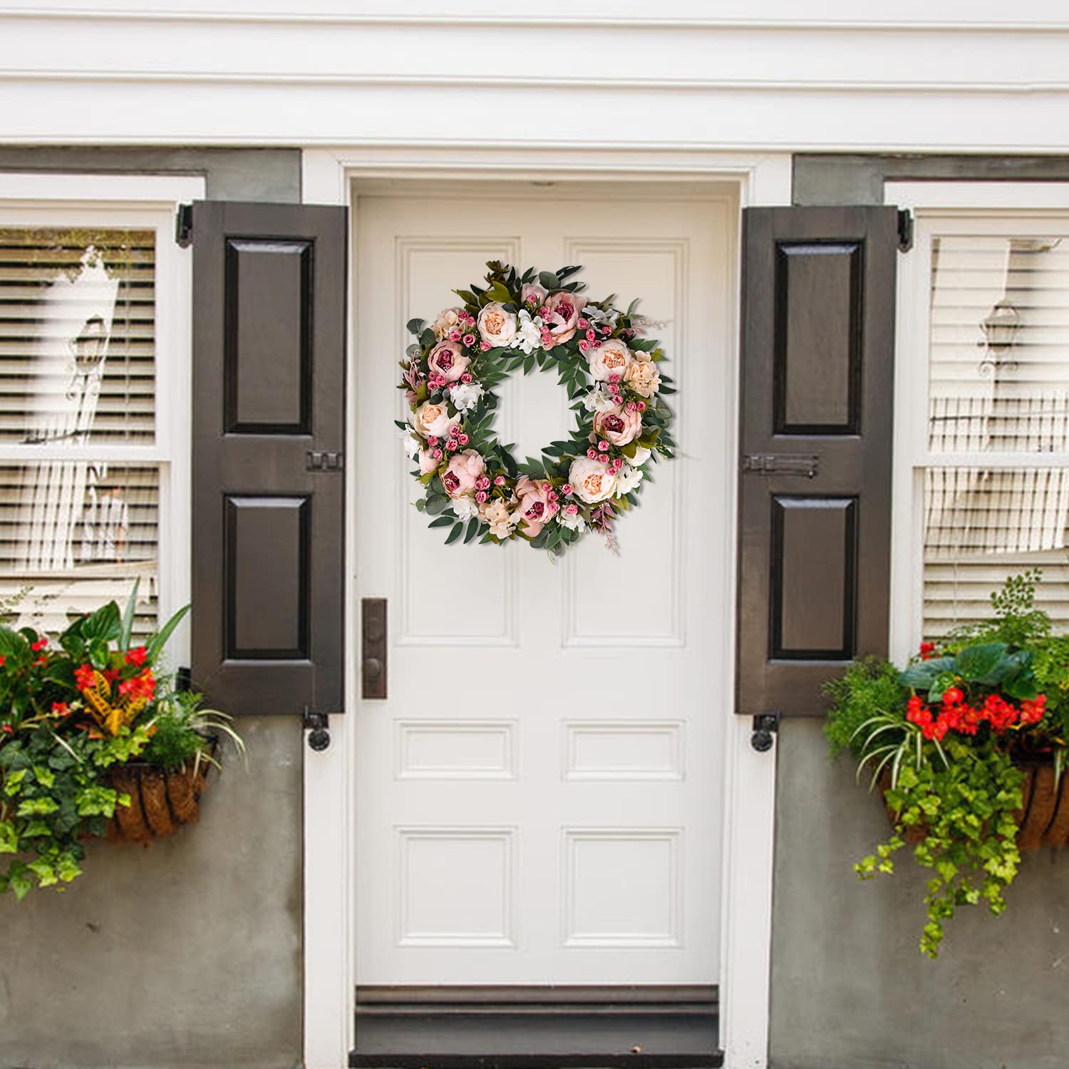 22inch Peony Wreath, Bouquet Wreath Spring Summer Fall Wreath Dotted with Eucalyptus Layered Roses Dahlias Hydrangeas Antler Grass and Small Fruit Artificial Wreaths for Front Door Indoor Wreaths